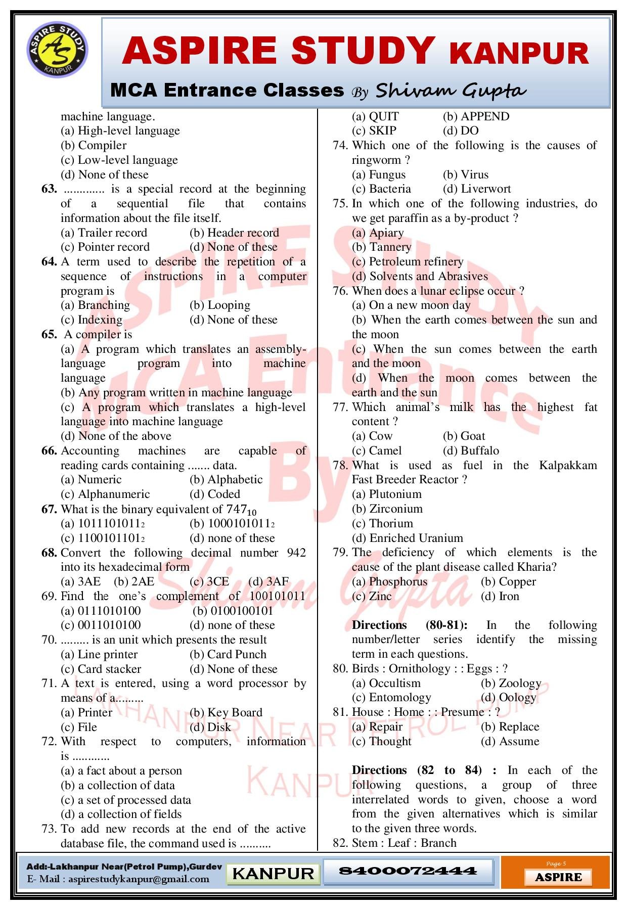 MCA TANCET 2009 Questions Paper and Answer Key PDF Download